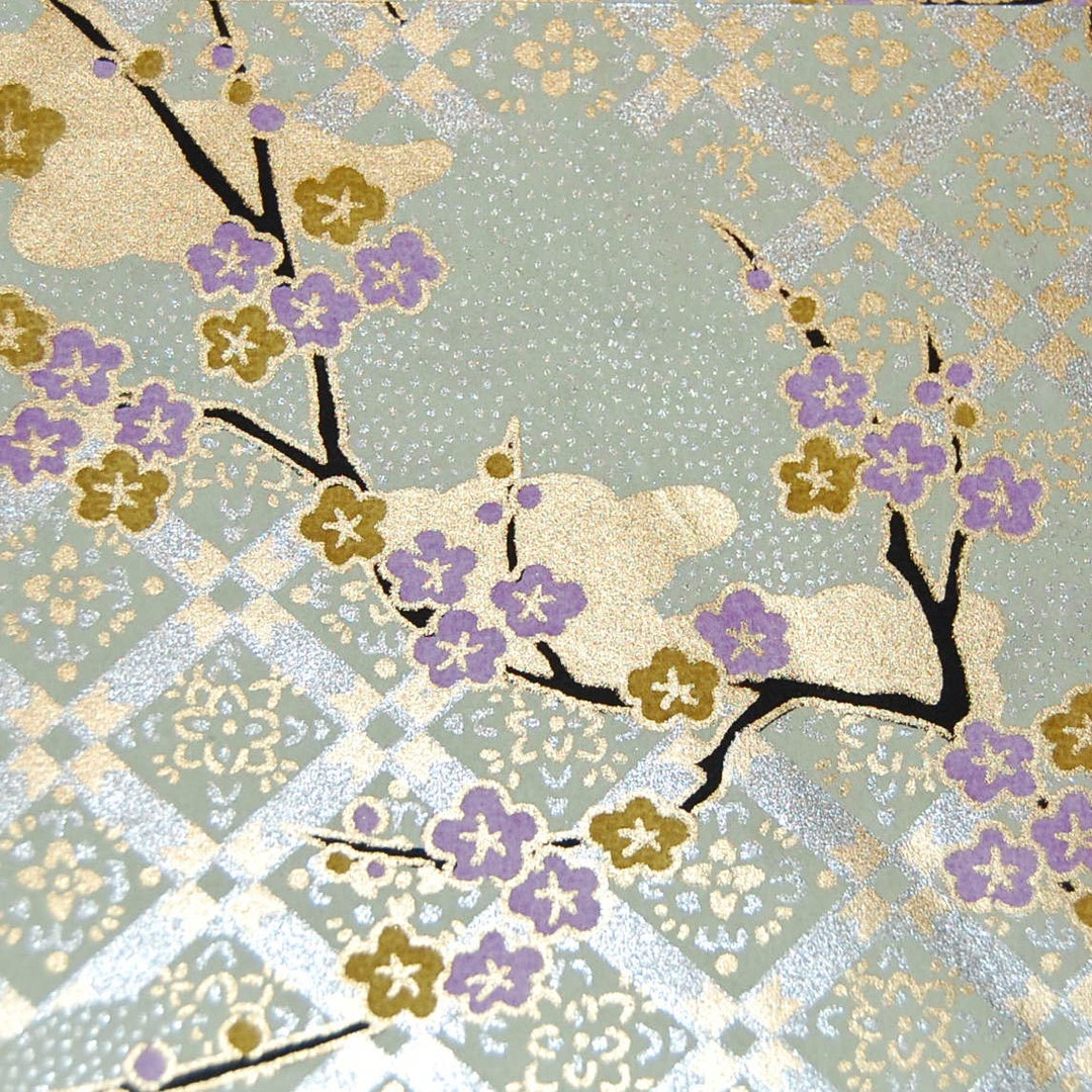 Two Sheets of Japanese Chiyogami Yuzen Paper - Plum Blossoms on Green ...