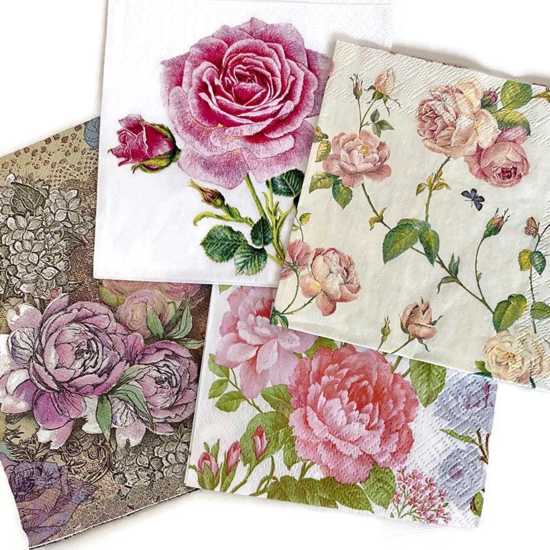Peach and Pink Roses, Napkin Set, Set of 4 Paper Napkins, Decoupage ...