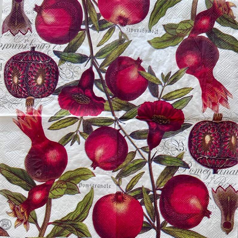 Pomegranate Paper Napkins, Red Flowers, Green Leaves, Decoupage (3 ...