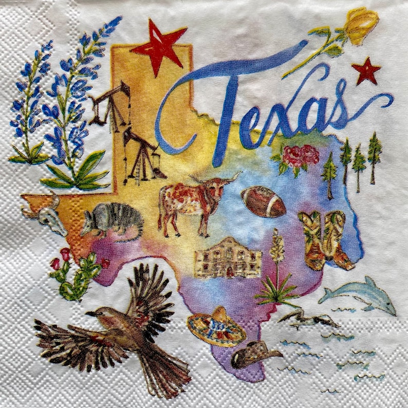 Texas Map Paper Napkins: State Bird & Flower, Decoupage Crafts - Etsy