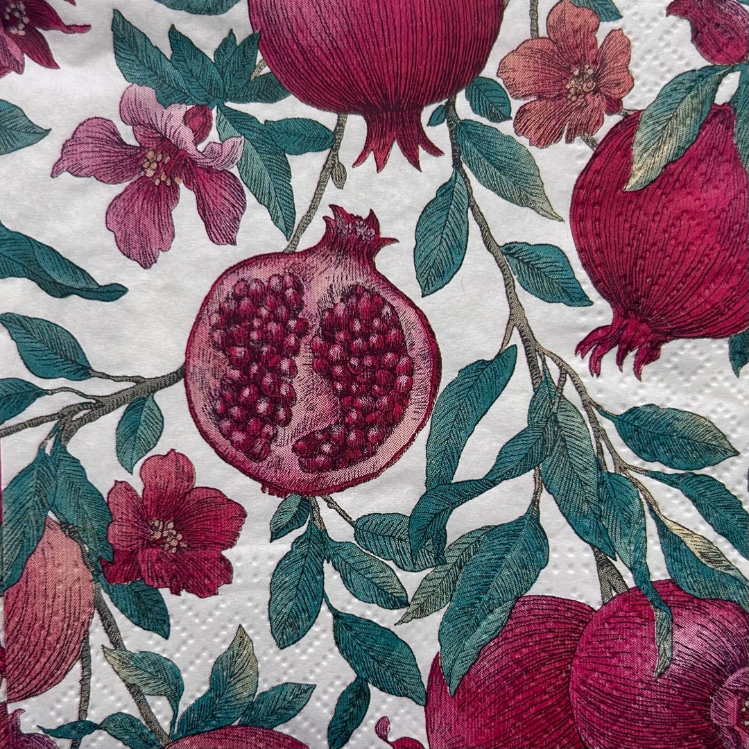 Pomegranate Paper Napkins: Red Flowers & Green Leaves, Decoupage (set ...