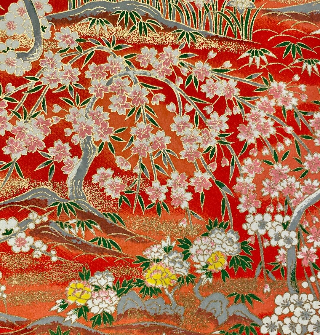 Red, Gold and Pink Floral Paper, Japanese Paper, Origami Paper ...