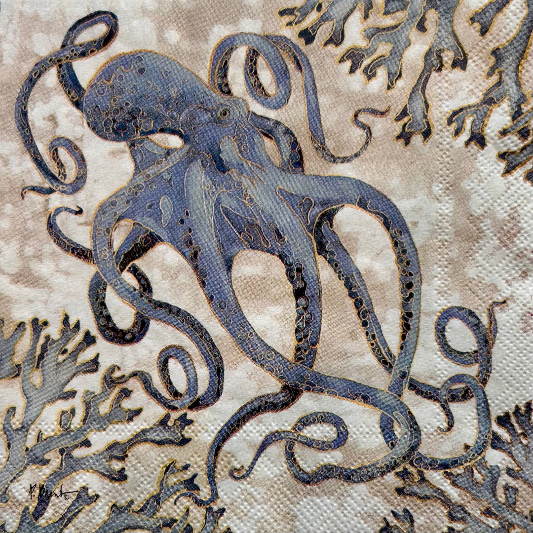 Blue Octopus Napkin, Ocean Life, Marine Life Paper Napkins, Coral ...