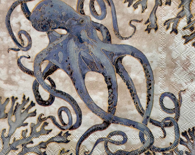 Blue Octopus Napkin, Ocean Life, Marine Life Paper Napkins, Coral ...