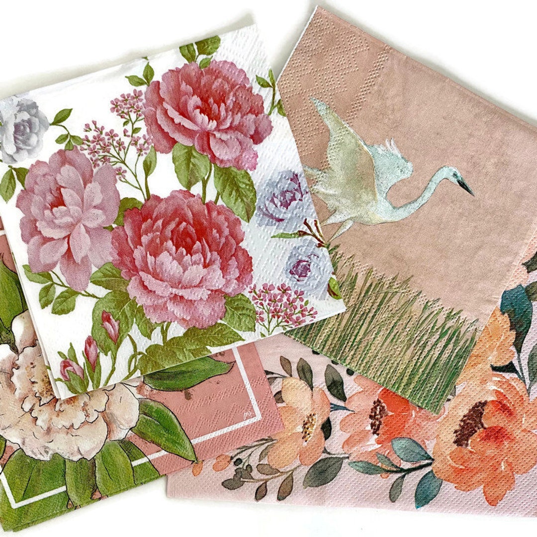 Peach and Pink Napkin Set, Set of 4 Paper Napkins, Decoupage Paper ...