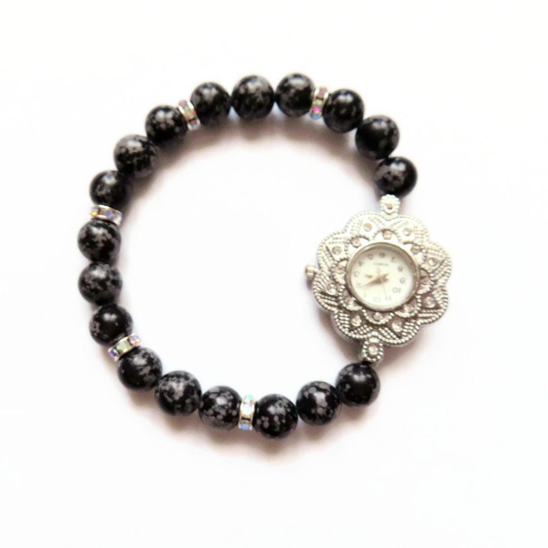 Black Snowflake Obsidian and Diamante Beaded Stretch Bracelet Style ...