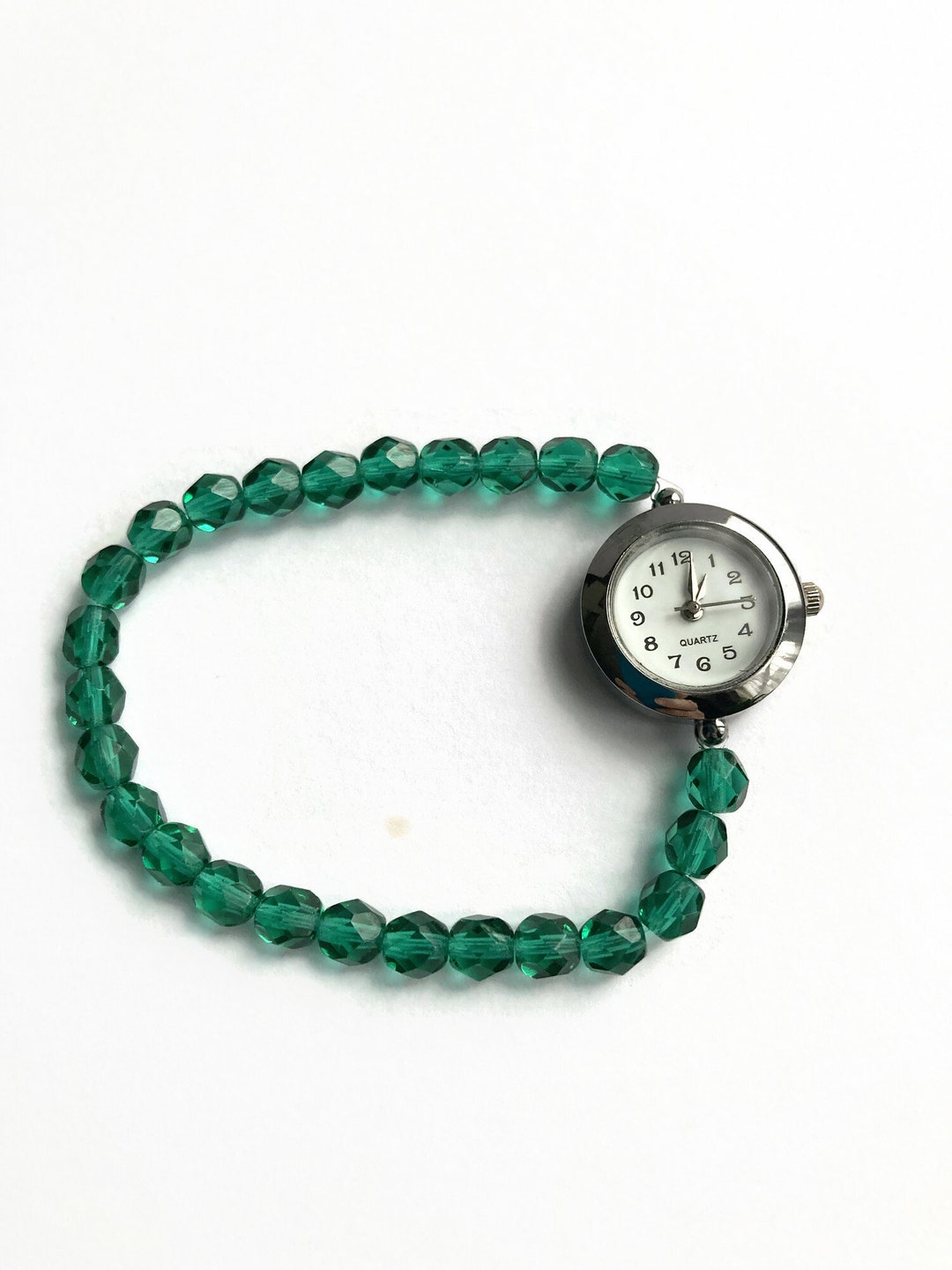 Green Glass Bracelet Style Beaded Watch, Stretch Watch, Expandable ...