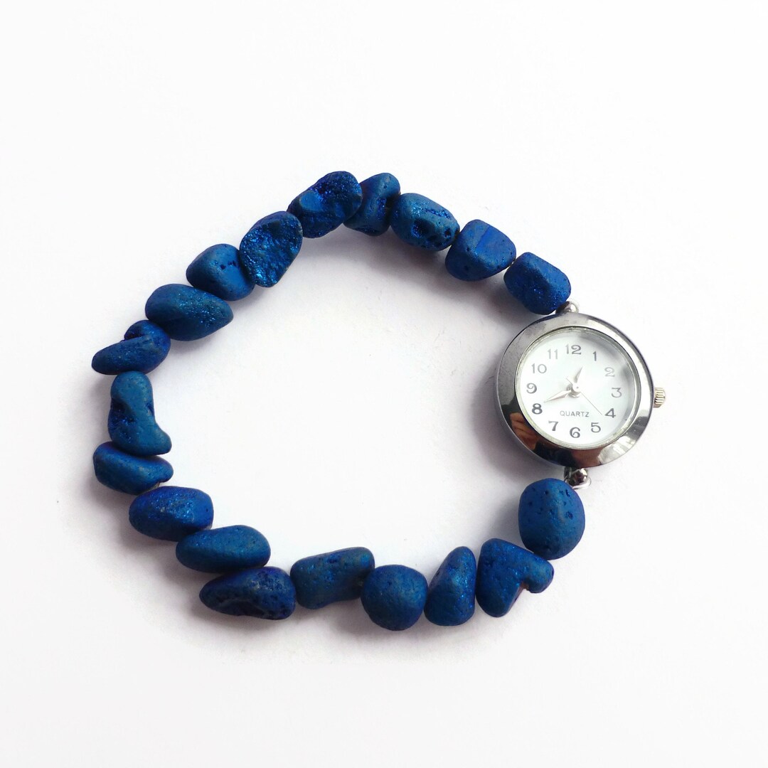 Blue Druzy Agate Bracelet Watch, Stretch Band Watch, Deep Blue Watch ...