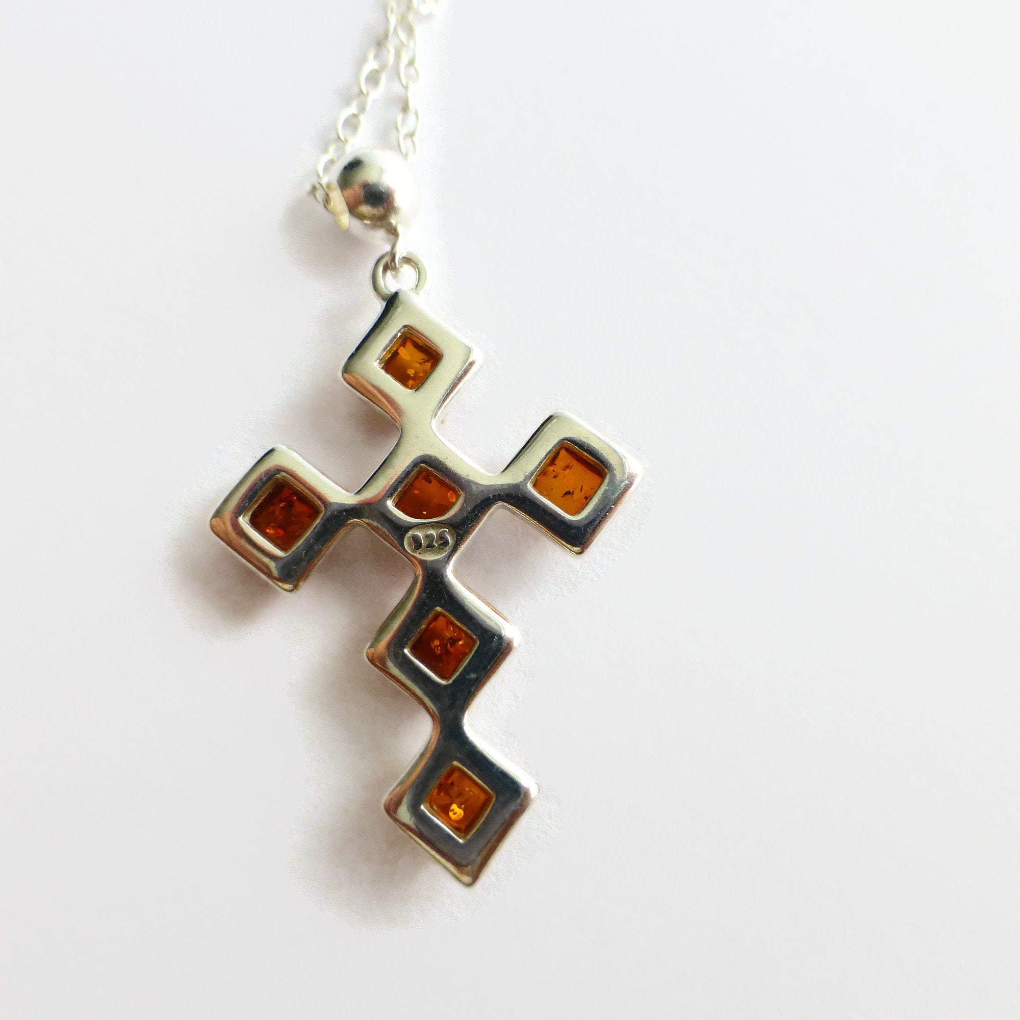 Silver Amber Cross Pendant Necklace, Amber Silver Necklace, Religious ...