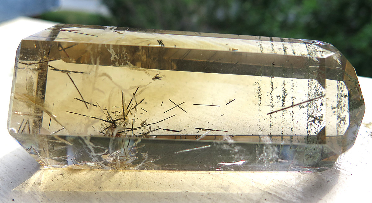 Natural polished Quartz citrine point with tourmaline needle inclusions ...