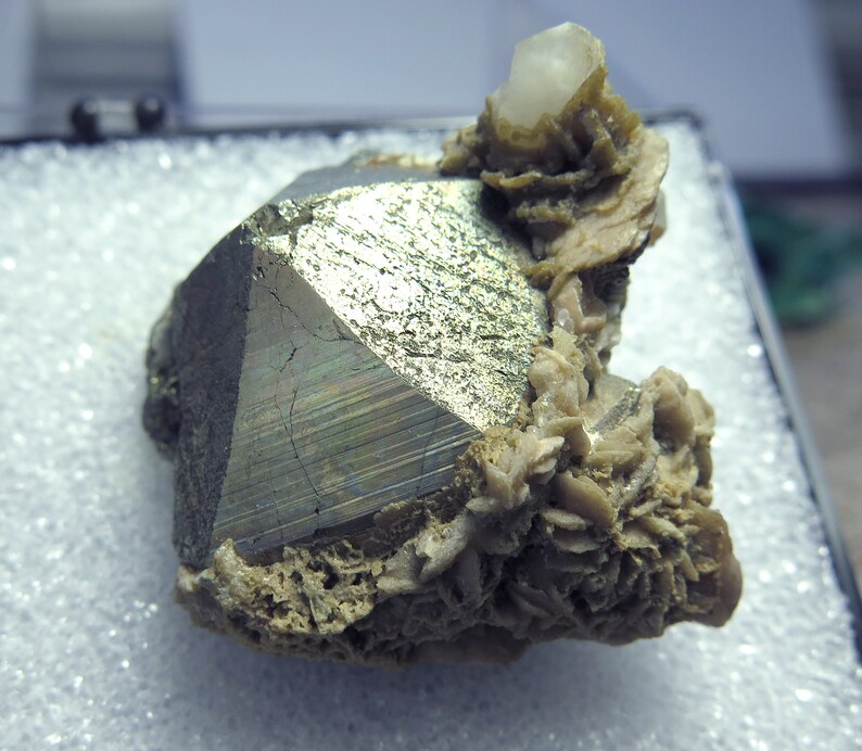 Slightly Iridescent Pyrite Crystal With Rhodochrosite. | Etsy