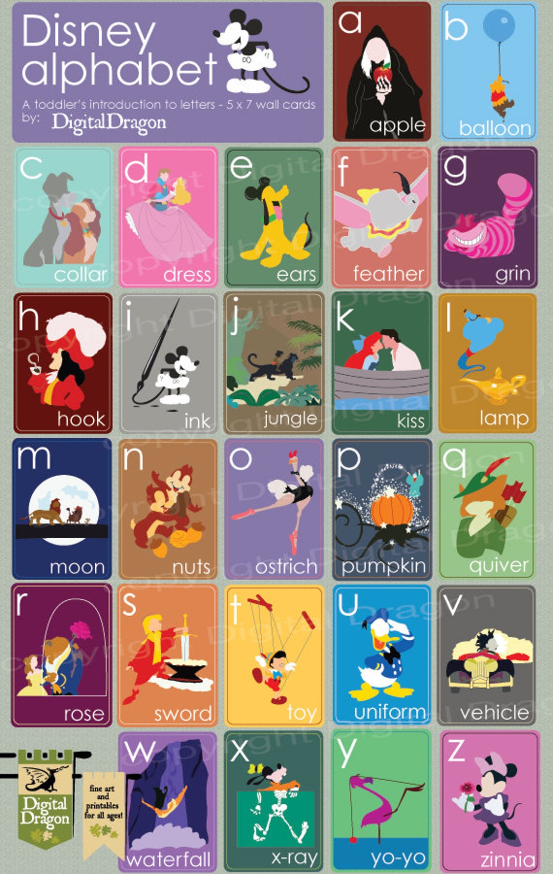 Mickey and Friends Alphabet 5x7 Cards - Etsy