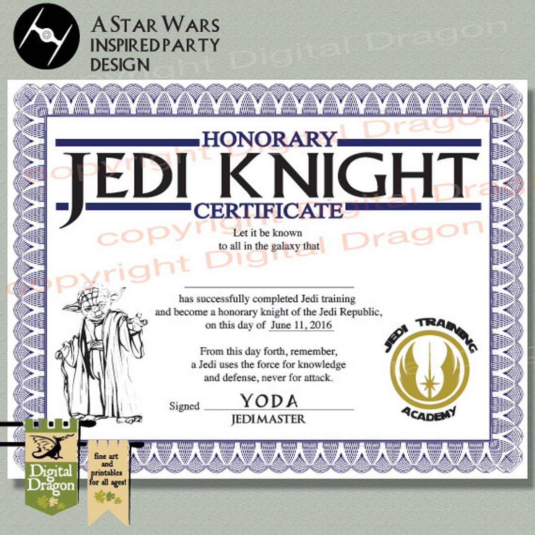 Star Wars Jedi Knight Party Certificate Printable - Etsy