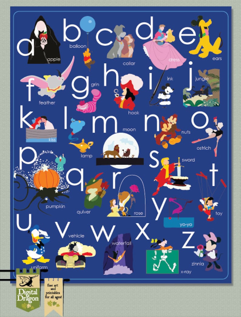 Disney Alphabet Toddler Poster Decor You Pick Your Favorite - Etsy