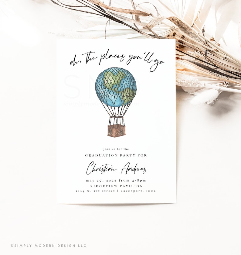 Oh the Places You'll Go Graduation Invitation, World, Hot Air Balloon ...