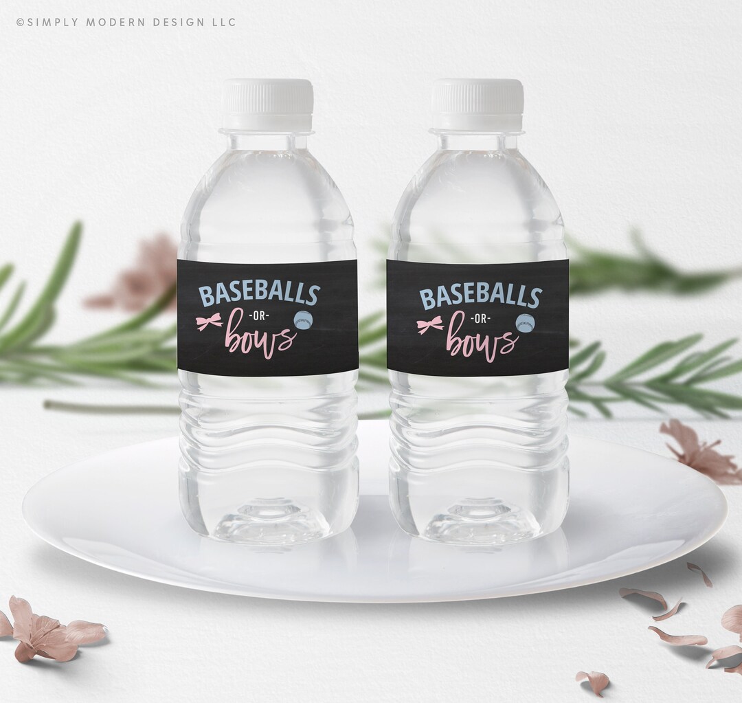 Baseballs or Bows Water Bottle Labels, Baseball Theme Labels, Gender ...