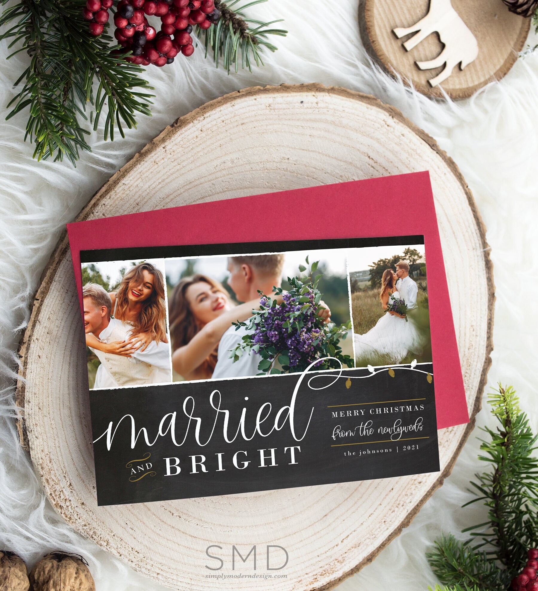 Wedding holiday christmas card married and bright christmas | Etsy