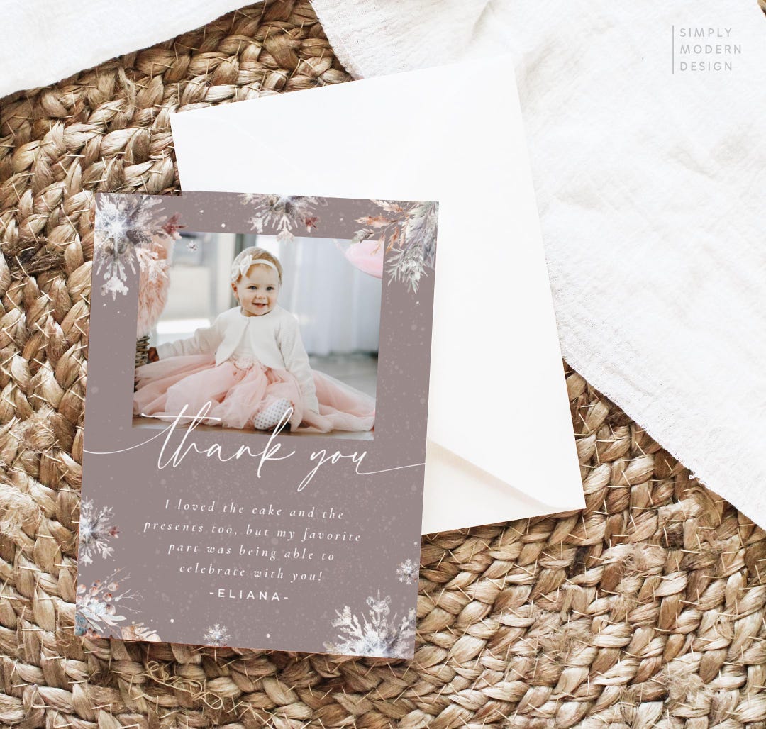 EDITABLE Boho Winter Snowflake Photo Thank You Card, Winter Birthday ...