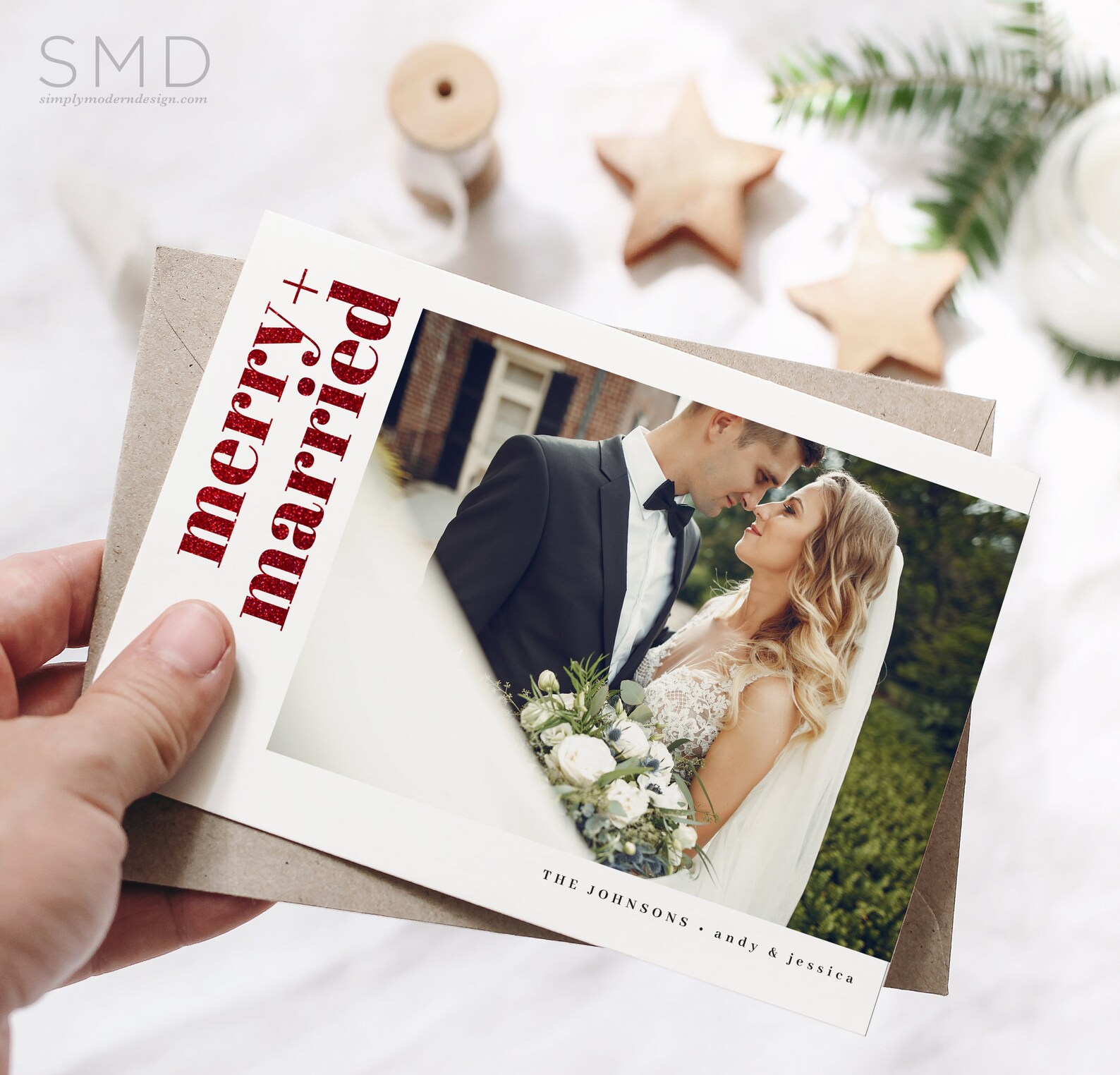 Modern Christmas Wedding Card Married and Bright Christmas | Etsy