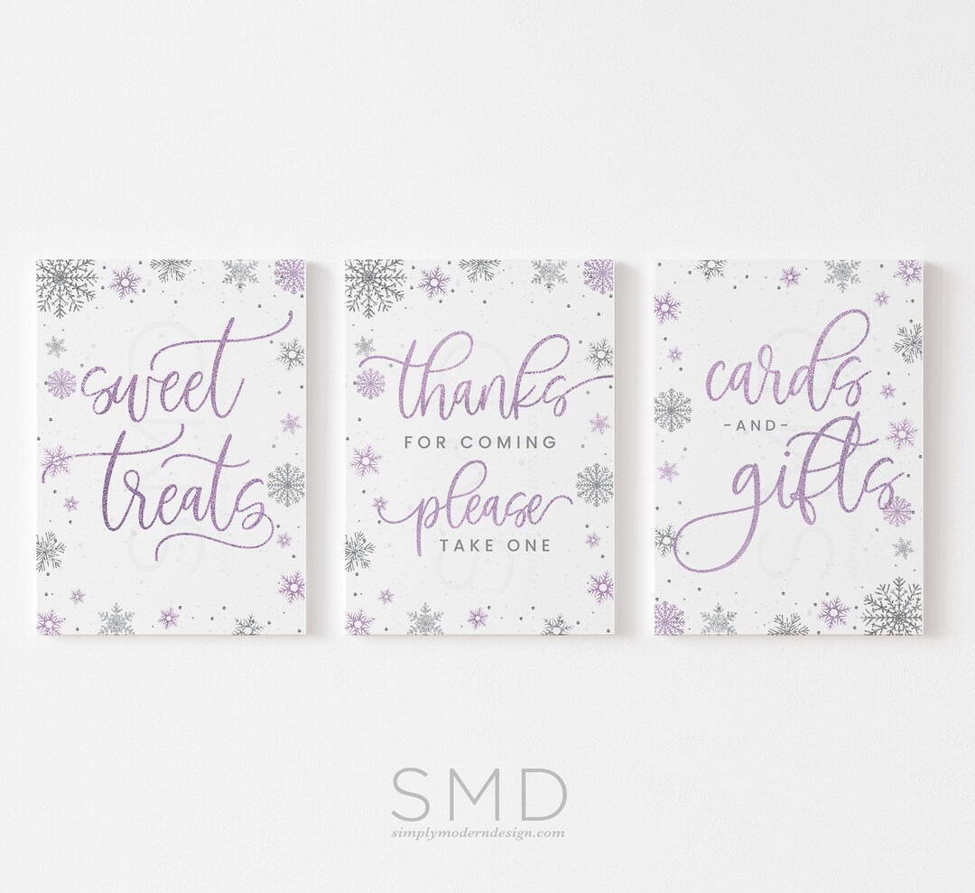 Girl's Winter Party Signs, Purple Winter Wonderland Shower Signs, Thank ...
