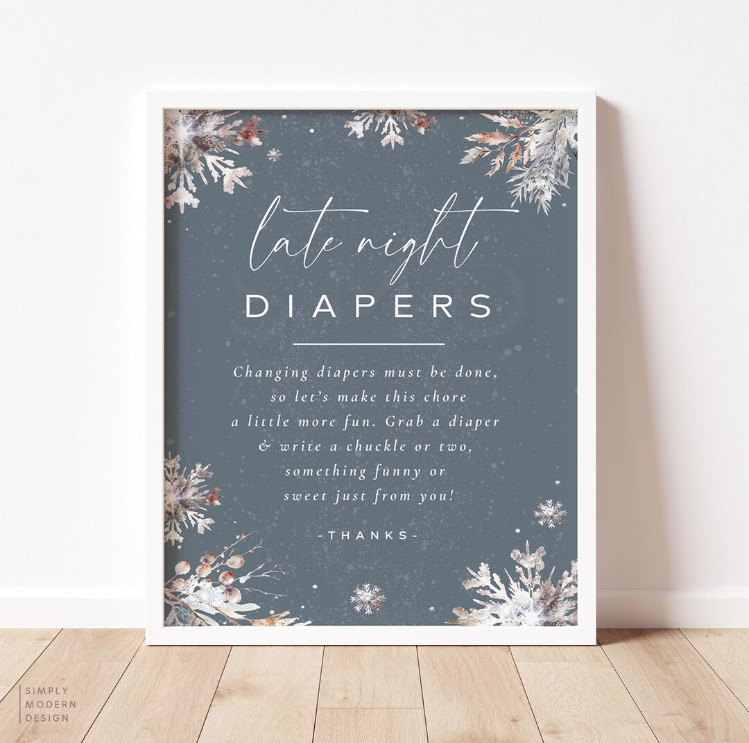 Blue Winter Boho Late Night Diapers Sign, Winter Baby Shower Sign ...