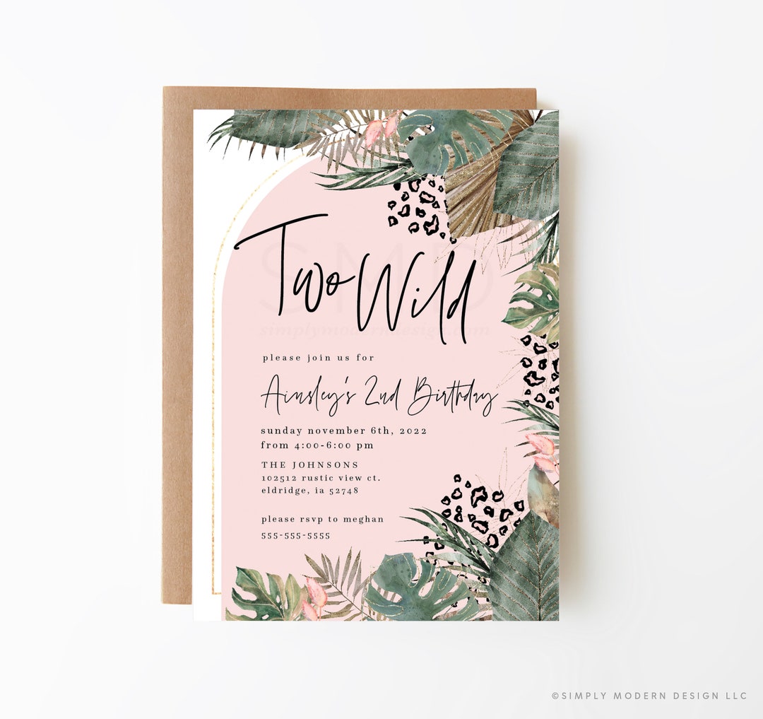 Girl's Wild Second Birthday Invitation, Two Wild Theme Birthday, Safari ...