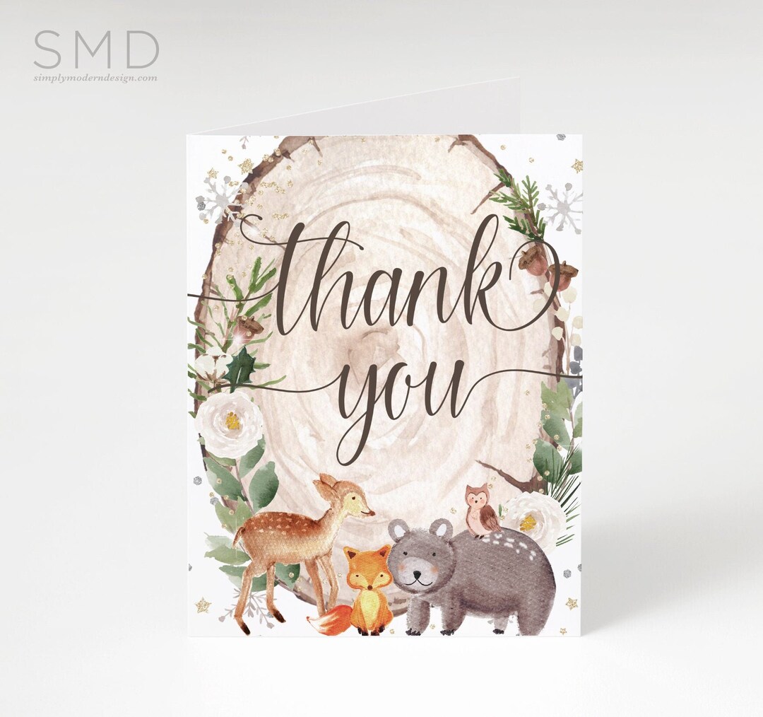 Winter Woodland Animals Thank You Card, Rustic Forest Animals Thank You ...