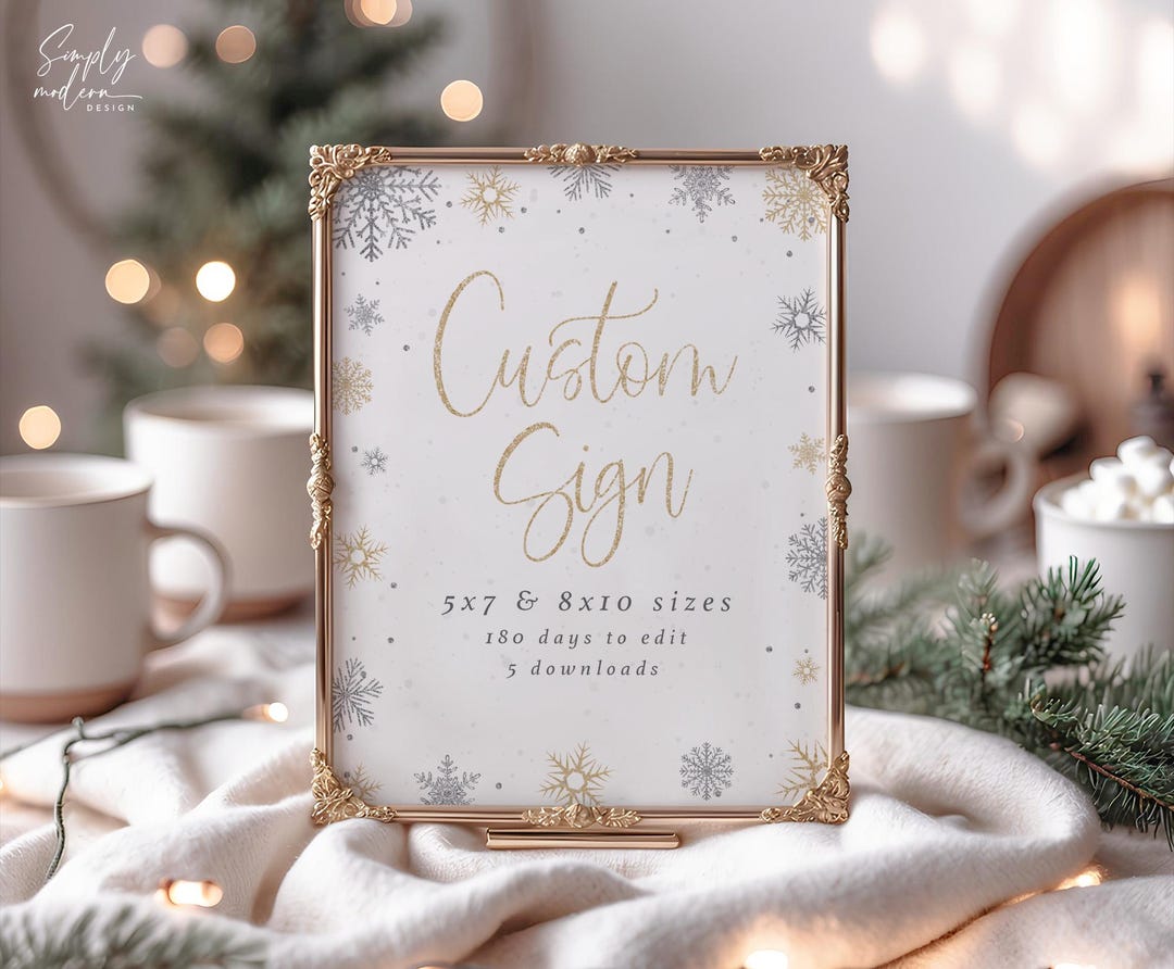 Editable Winter Custom Party Sign: Gold and Silver Snowflake Theme (5x7 ...