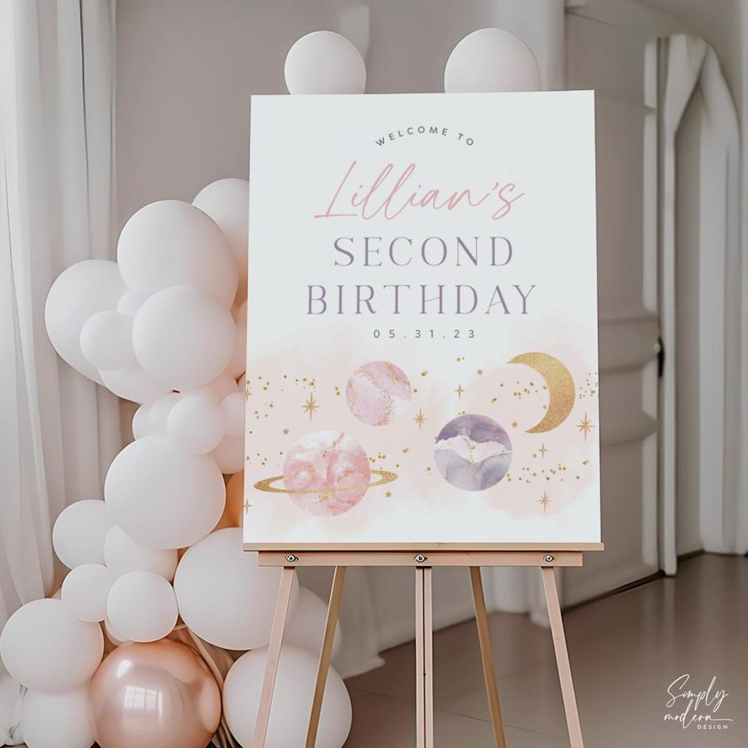 Girl's Space Theme Welcome Sign, Moon Birthday Sign, Planet Theme, Girl ...