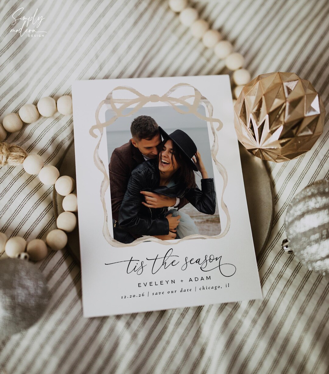 Beige and Tan Bow Ribbon First Christmas Wedding Save the Date ...