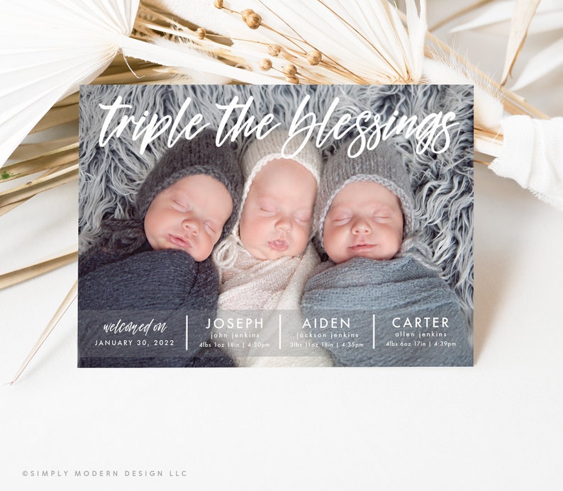 Triplet Birth Announcement Triple the Blessings Multiples - Etsy