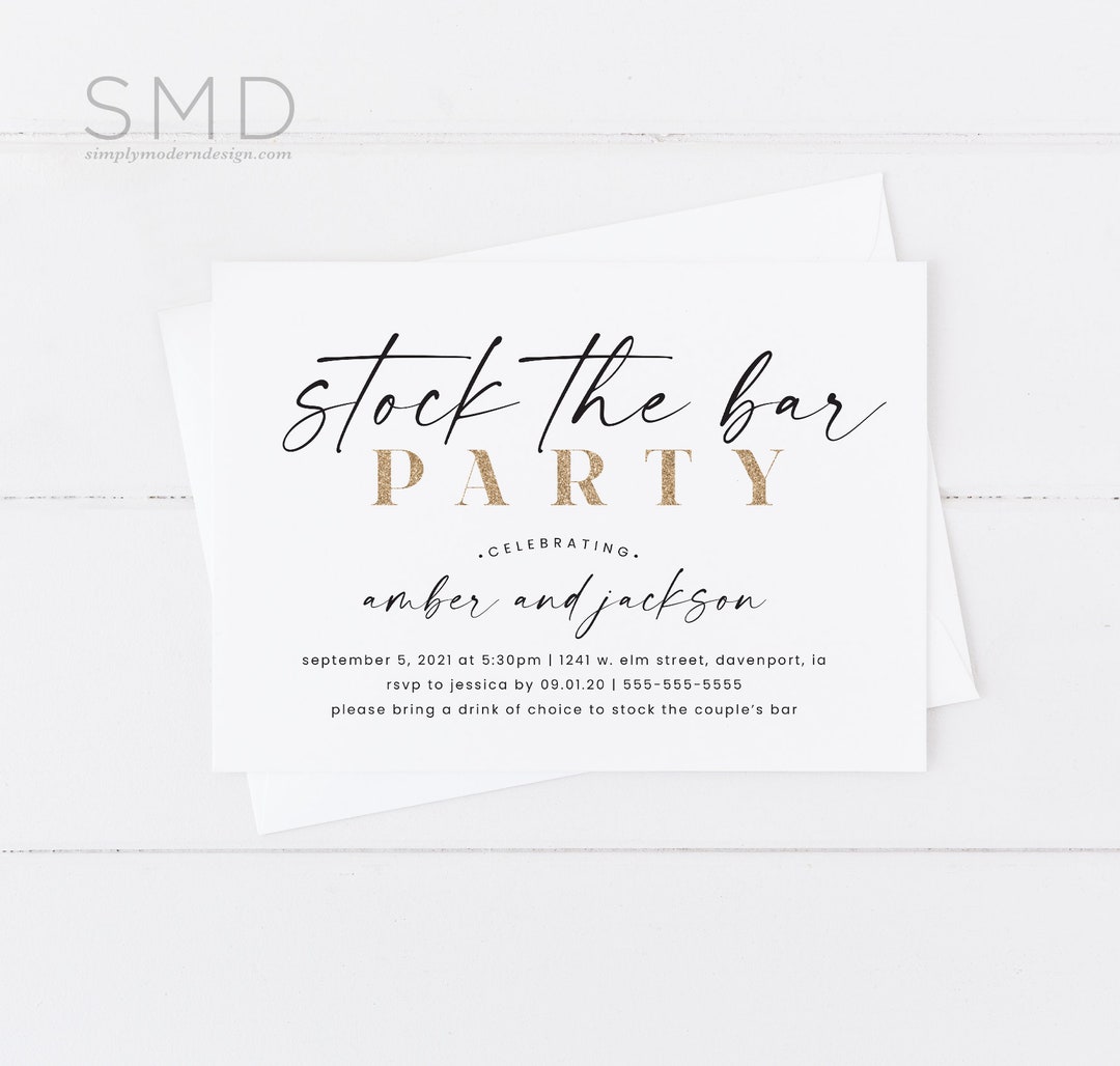 Stock the Bar Party Invite, Editable Template, Modern, Gold and Black ...