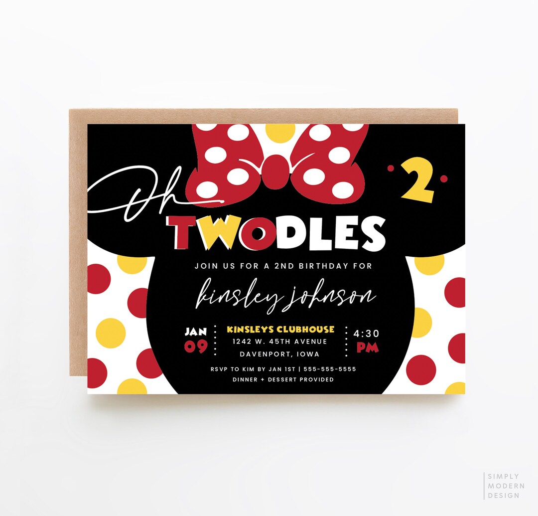 Girl's Oh Twodles Mouse Second Birthday Invite, Editable Invitation ...