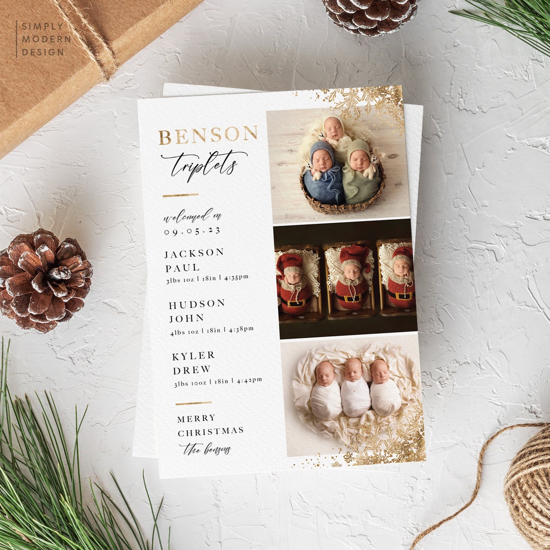 Triplets Holiday Birth Announcement, Triplet Christmas Announcement ...