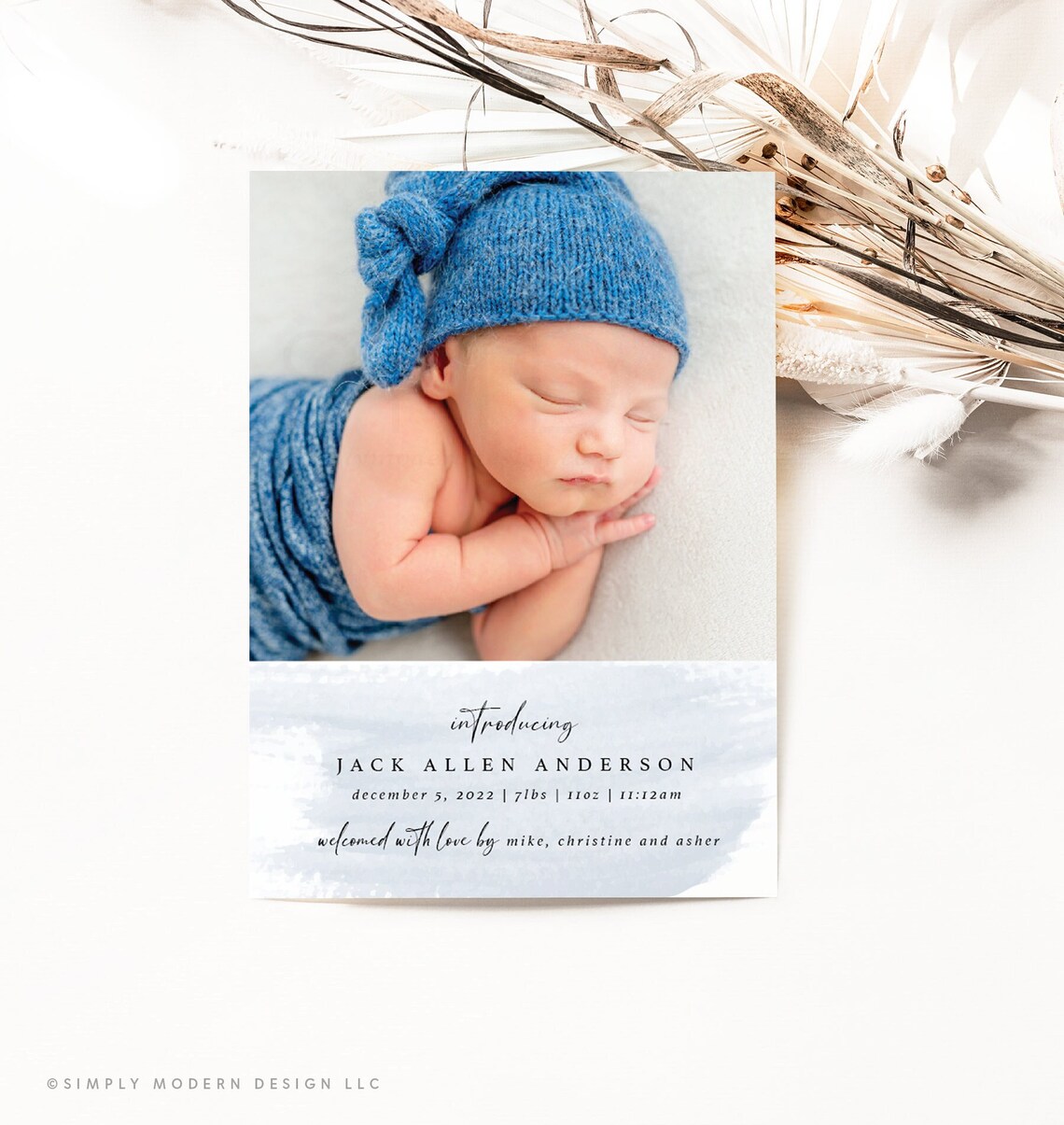 Blue Watercolor Birth Announcement Baby Boy Birth - Etsy