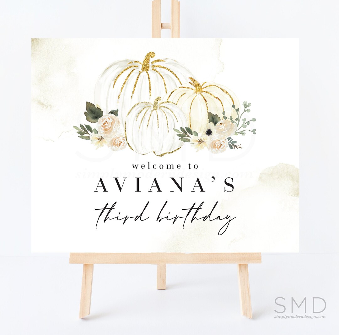 Elegant White and Gold Pumpkin Fall Welcome Sign, Fall Party Welcome ...