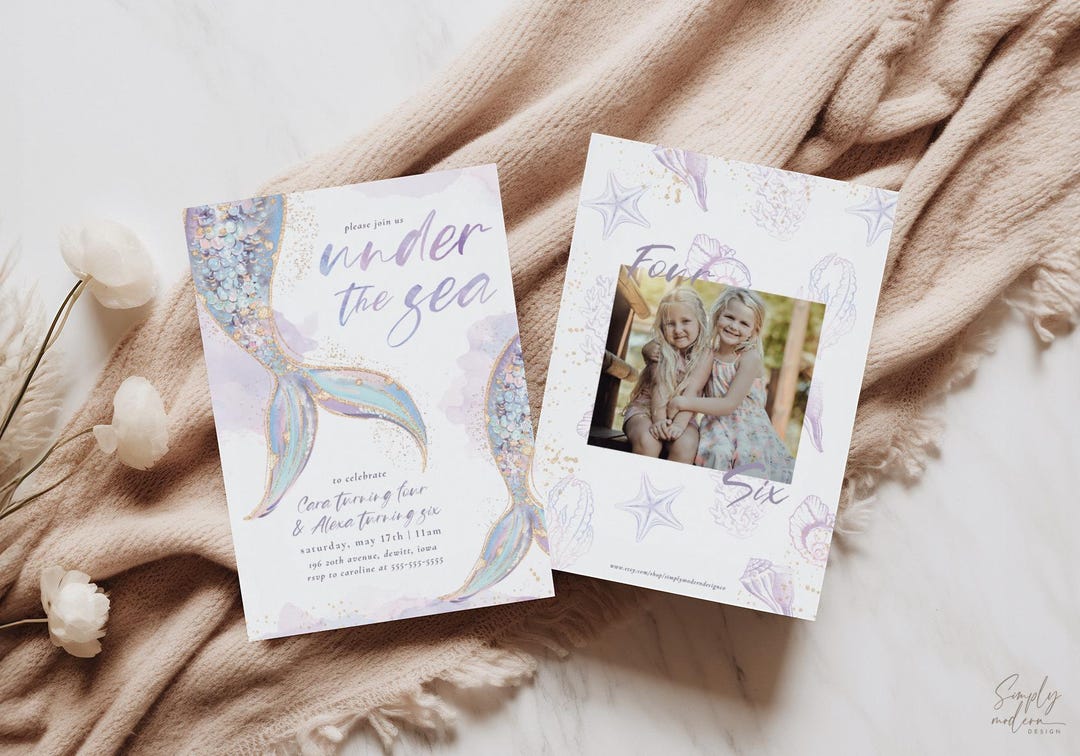 Double Mermaid Birthday Invitation, Mermaid Party, Under the Sea, Joint ...