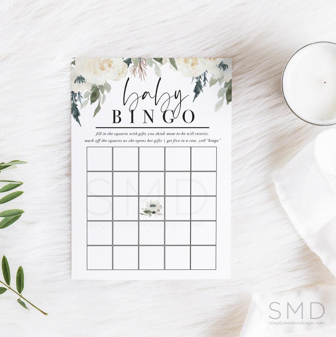 Winter White Floral Baby Shower Bingo Card, Winter Baby Shower Bingo ...