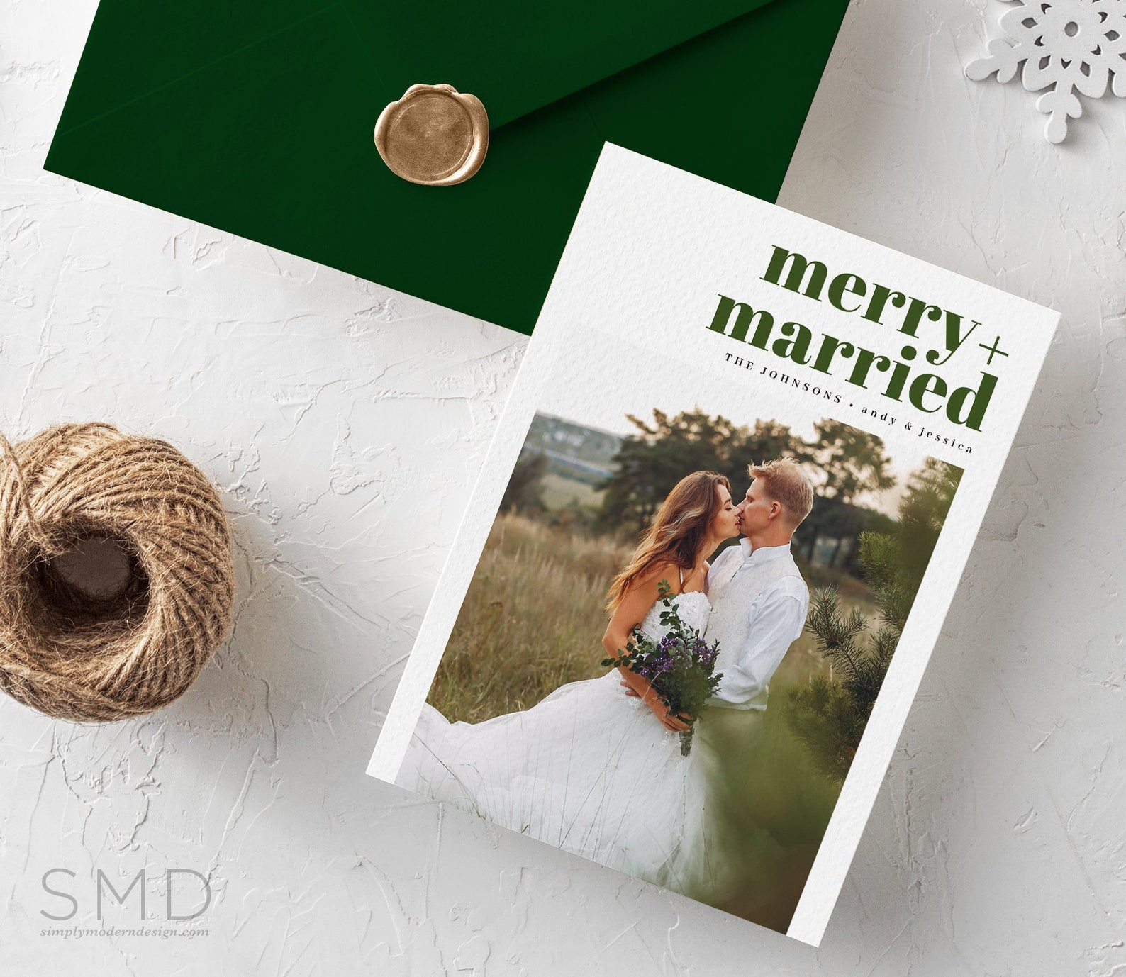 Modern Christmas Wedding Card Married and Bright Christmas | Etsy