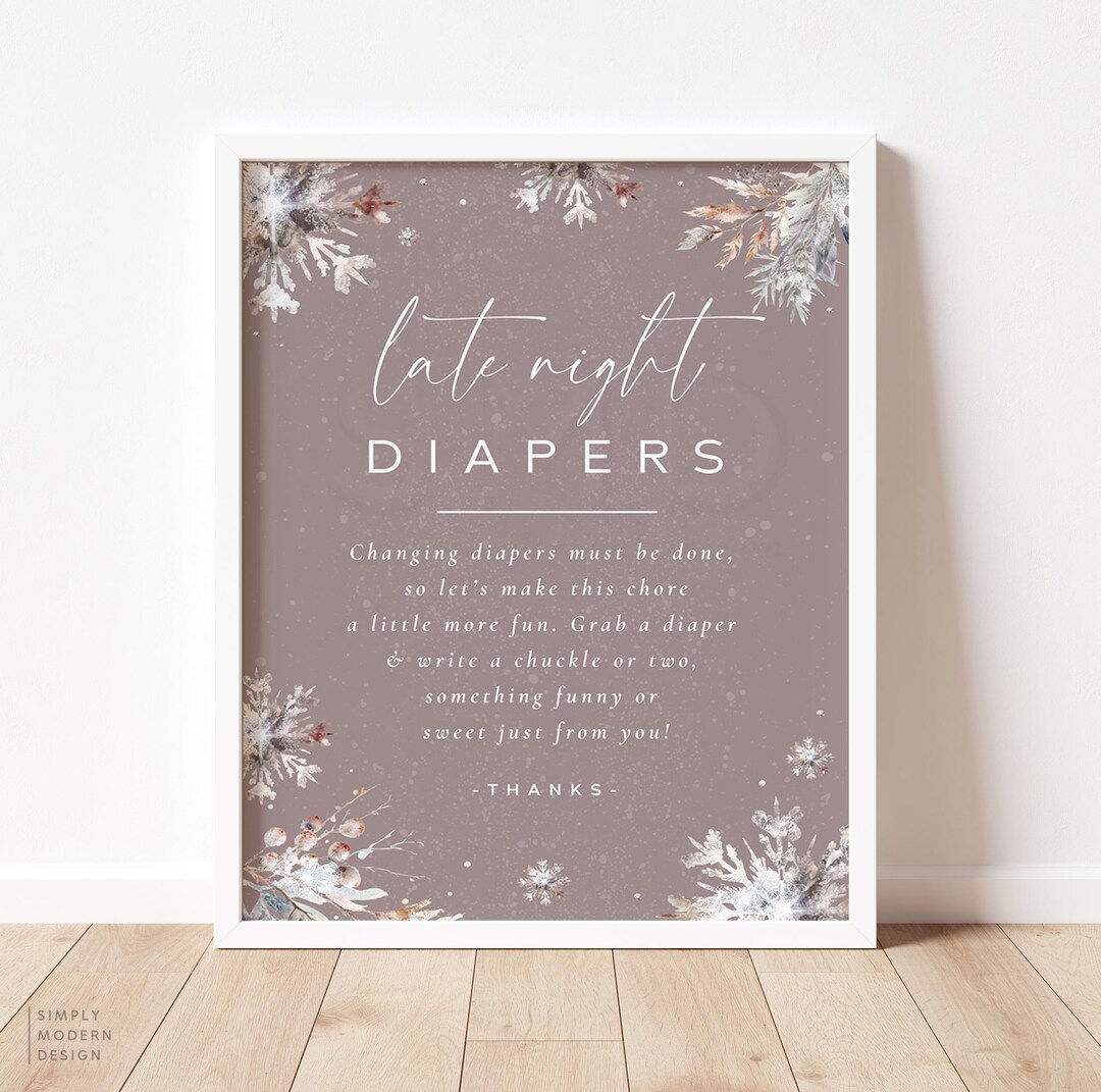 Mauve Winter Boho Late Night Diapers Sign, Winter Baby Shower Sign ...