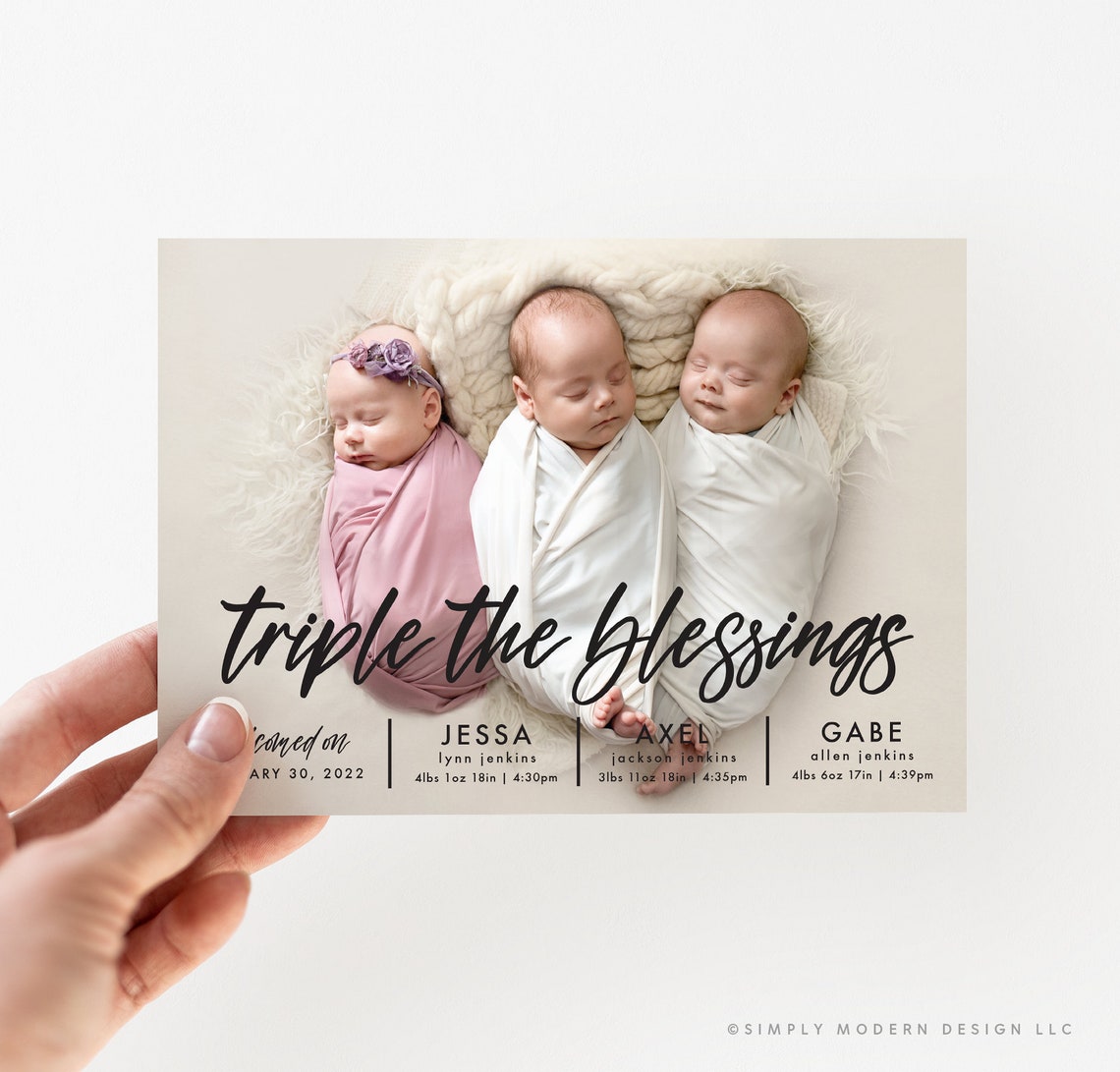 Triplet Birth Announcement Triple the Blessings Multiples - Etsy