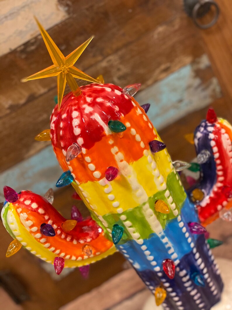 Lighted Cactus in Ceramic Vintage Rainbow | Etsy