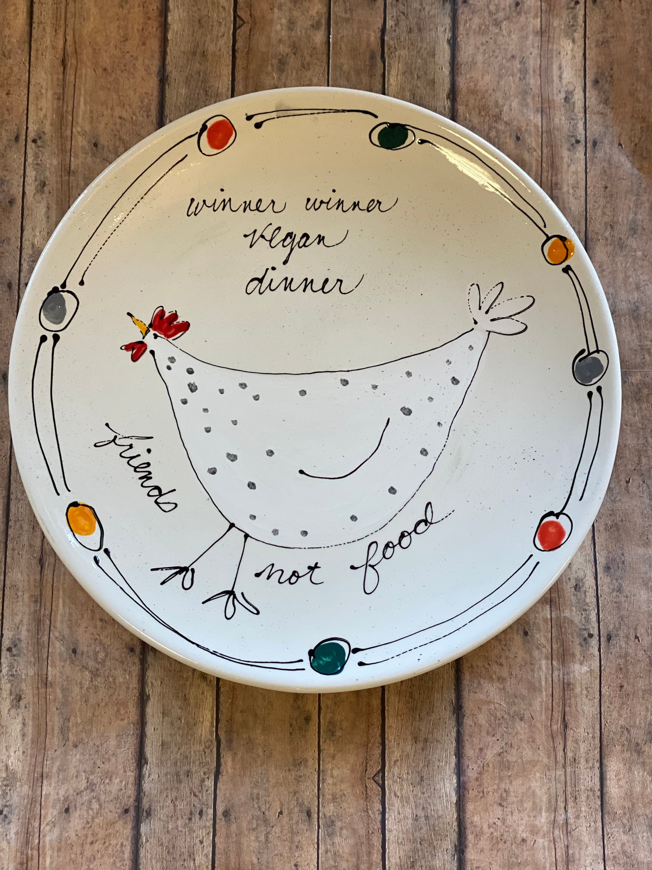 Winner Winner Vegan Round Serving Plate Hand Painted With Chicken Retro ...