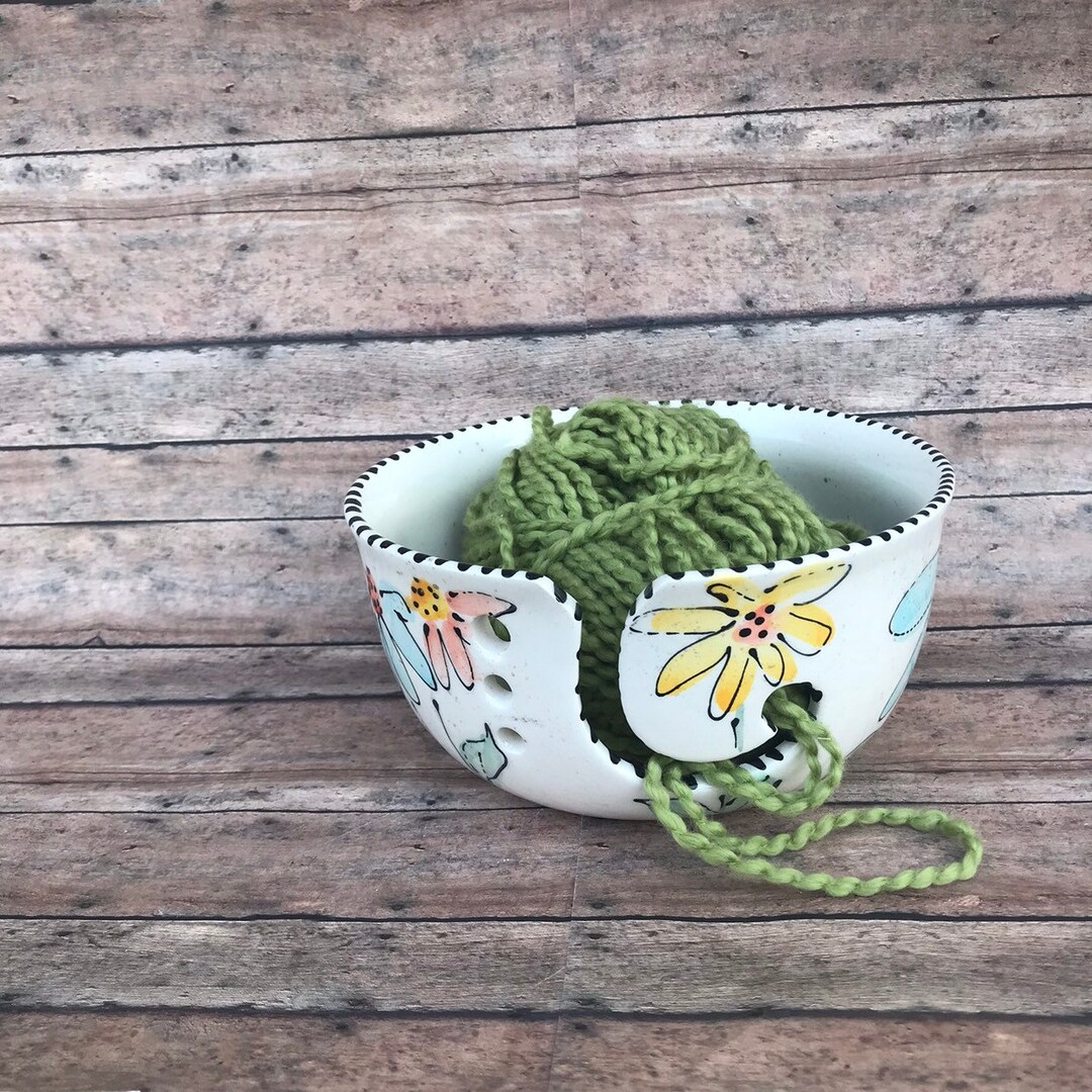 One of a Kind Yarn Bowl With Handpainted Floral Pattern Knit Crochet ...