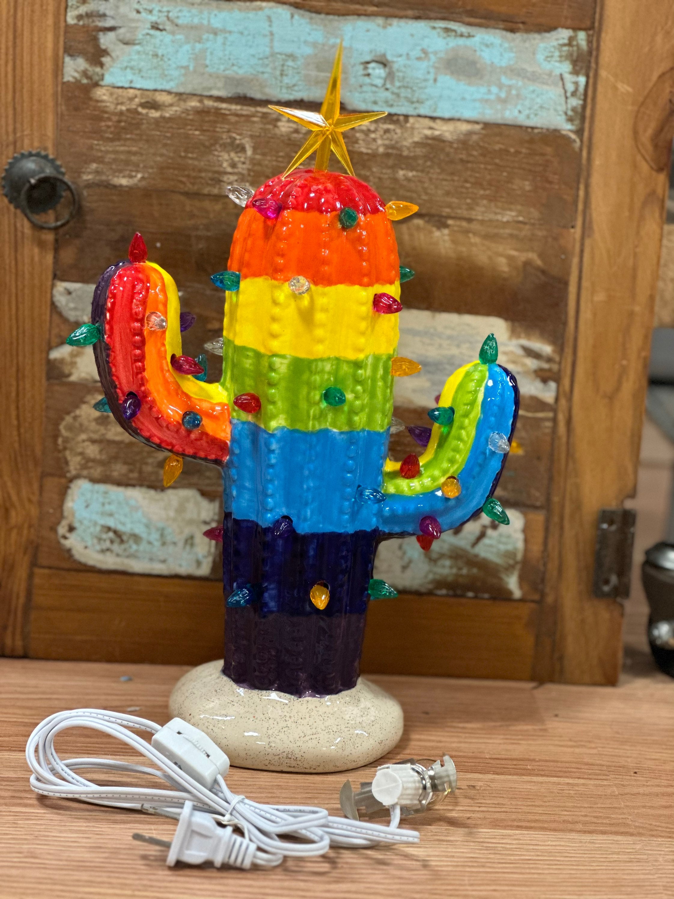 Lighted Cactus in Ceramic Vintage Rainbow - Etsy