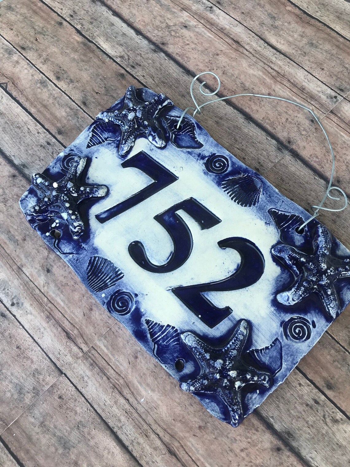 Nautical House Number Sign: 3D Starfish & Seashells, Cobalt Blue - Etsy