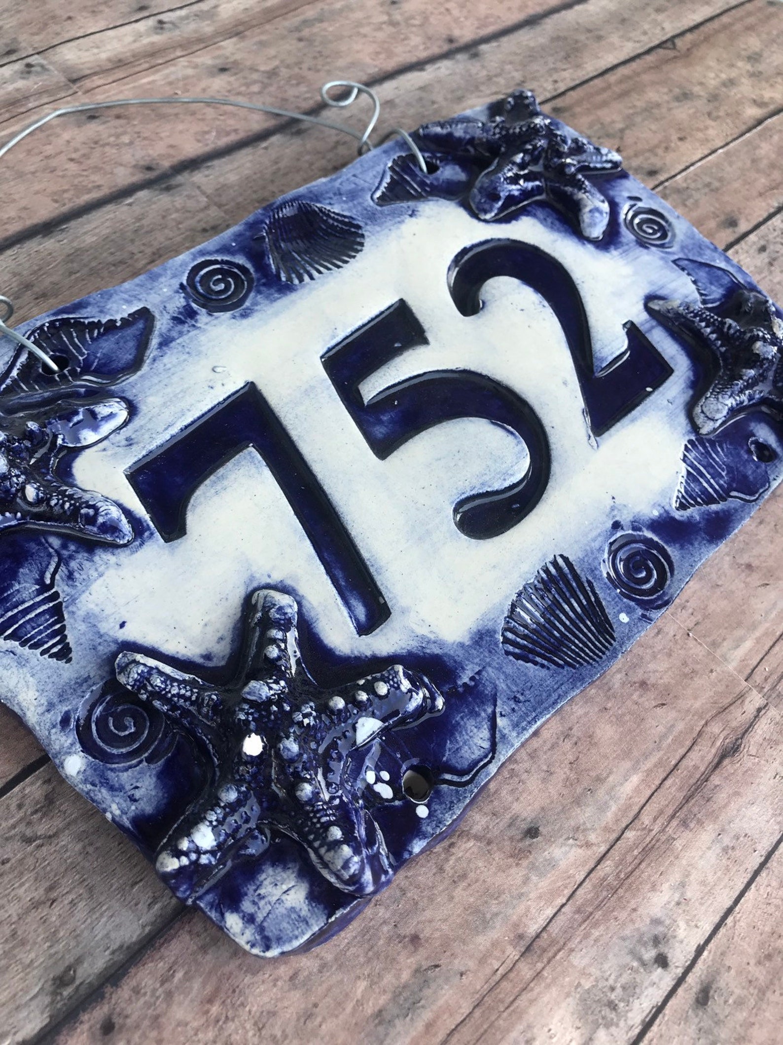 Nautical House Number Sign: 3D Starfish & Seashells, Cobalt Blue - Etsy