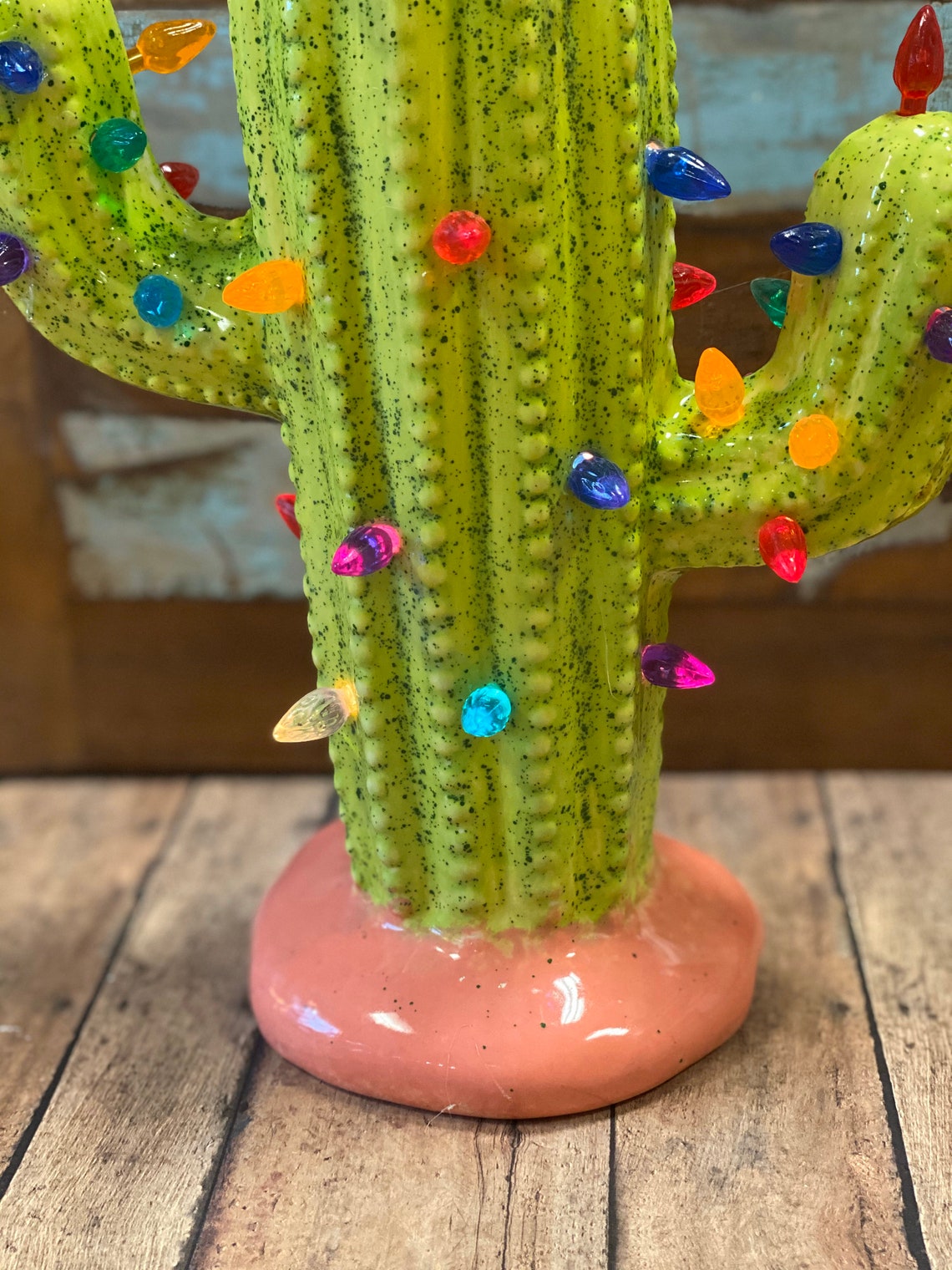 Lighted Cactus in Ceramic Speckled Green With Arizona Peach | Etsy