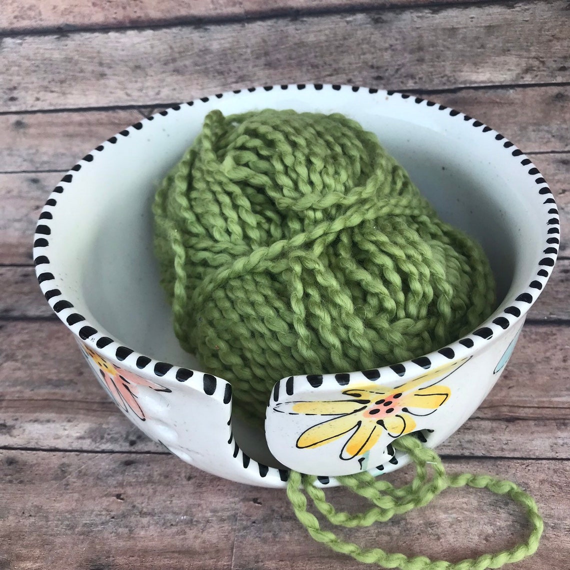 One of a Kind Yarn Bowl With Handpainted Floral Pattern Knit Crochet ...