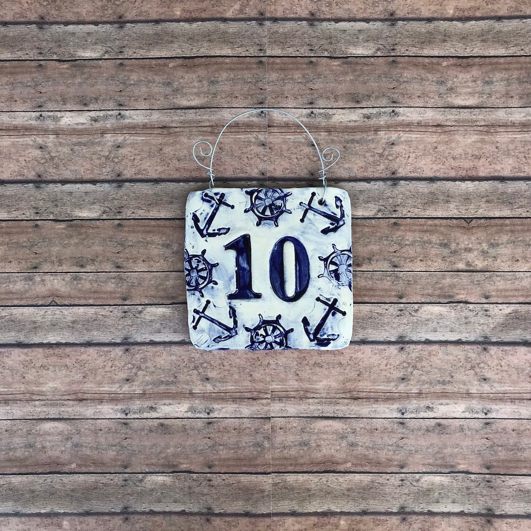 Nautical Ceramic House Number Sign: Anchor & Ship Wheel Address Plaque ...